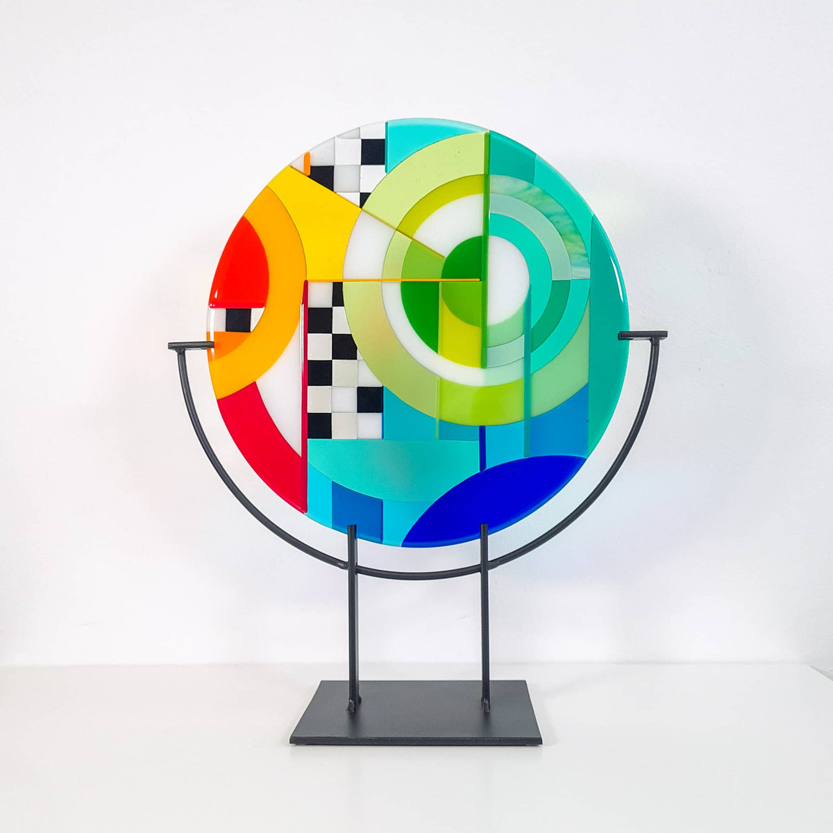 Chequer: Medium round fused glass art roundel – Glass Art by Linda